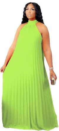 Rismart Femme Robe en Mousseline de Soie sans Manches Licou Plissé Cocktail Long Robe dEté Vert,XL