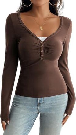 Generic Chemise &agrave; manches longues Henley pour femme, haut basique &agrave; boutons, coupe ajust&eacute;e, hiver, printemps, mignon, d&eacute;contract&eacute;, basique, marron, XL