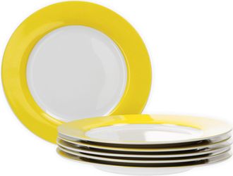 Van Well van Well Vario Speiseteller-Set 6-teilig - Tafel-Service f&uuml;r 6 Personen - flache Ess-Teller mit &Oslash; 26,5cm - Porzellan-Service wei&szlig; mit Rand in Gelb - T
