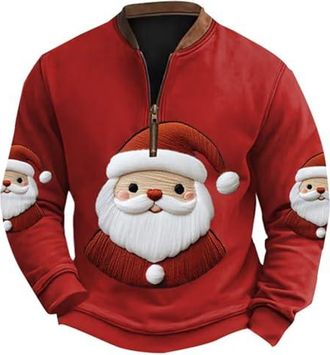 Generic Sweats pour hommes Pulls Hommes Casual Mode Ample 3D Impression de Noël Fermeture éclair Manches Longues Hiver Pull Slim Fit Pull, Rouge, XXL