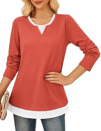 Grace Karin Femme Tee-Shirt &agrave; Manches Longues Haut Top Tissu Gaufr&eacute; Doux Col Rond et Design Bicolore &Eacute;l&eacute;gant Orange L