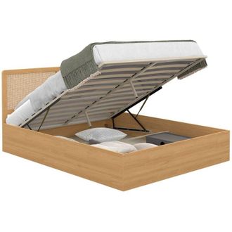 IDMarket Idmarket - Lit coffre double 140 x 190 cm - T&ecirc;te de lit cannage - Sommier 24 lattes - Coffre de rangement pratique en bois
