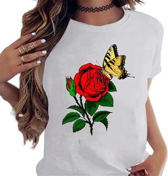 Keephen Papillon avec Fleurs T-Shirt Femmes Esth&eacute;tique Papillon Impression 3D T-Shirt Manches Courtes Col Rond Streetwear Dames &Eacute;t&eacute; Mignon Tops