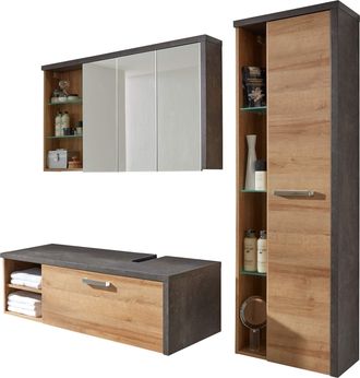 Trendteam Bay - Badmöbel-Set hängend (Waschbeckenunterschrank + Hochschrank + Spiegelschrank) - Eiche Riviera/Beton dunkel - (BxHxT) 186 x 160 x 53 cm - kratzfe