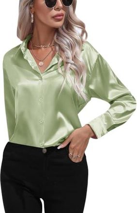 Minetom Chemisier Femme Elégant Col en V Manches Longues Blouse avec Boutons Satin Chemise Travail Bureau Tunique Shirt Haut Top A Vert Clair S