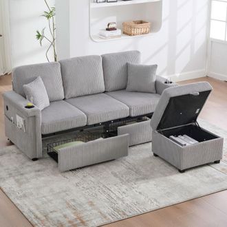 STILVORA Canap&eacute; dAngle R&eacute;versible 3 Places avec LED et USB Type-C, Coffre et Tiroirs de Rangement, Porte-Gobelets en Velours C&ocirc;tel&eacute; Gris Clair