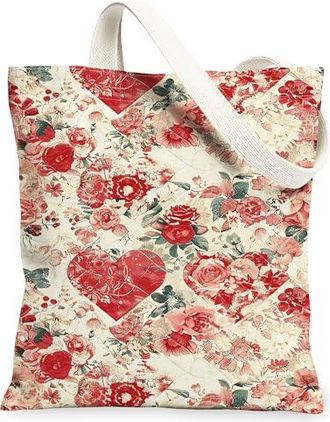 Generic Sacs fourre-tout en toile florale, motif coeur vintage, sacs d&eacute;picerie r&eacute;utilisables, l&eacute;gers et lavables en toile pour Shoppi, Rouge, 13x15 Inch
