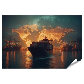 Islandburner XXL Bild Poster Containerschiff Vor Leuchtender Weltkarte Im Meer Premium Bilder Fotodruck
