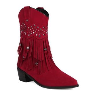 Generic Bottines western cowgirl pour femme avec pampilles clout&eacute;es d&eacute;coratives, larges mollets dhiver, chaussures habill&eacute;es r&eacute;tro pour lhiver, Rouge, 39.5 EU