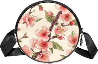 Generic Sac &agrave; bandouli&egrave;re rond pour femme, motif arbres en fleurs de p&ecirc;cher, petit sac &agrave; dos &agrave; bandouli&egrave;re avec fermeture &eacute;clair, bretelles r&eacute;glables, sac &agrave; m