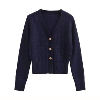 Generic Cardigan en tricot torsad&eacute; &agrave; manches longues et col en V pour femme Bleu marine, bleu marine, Taille XS