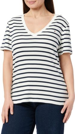Tommy Hilfiger Damen T-Shirt Kurzarm New Slim Cody mit V-Ausschnitt, Mehrfarbig (Breton Dark Night Navy STP), XXXL
