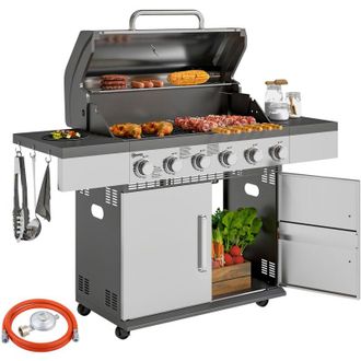 OUTSUNNY Gasgrill 8500BTU Grillwagen inkl 6 Edelstahl-Brenner Rolle Thermometer Druckminderer Gasschlauch Deckel Seitenablagen, BBQ Gartengrill f&uuml;r