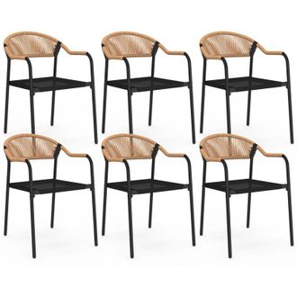 IDMarket Lot de 6 chaises de jardin MADEIRA m&eacute;tal, cordage et textil&egrave;ne noir et rotin clair