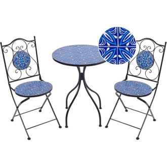 Beliani Ensemble de Balcon Vintage en M&eacute;tal Table et Chaises Ext&eacute;rieur Cadre en Fer Mosa&iuml;que Bleu Noir Cigliano