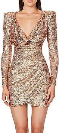 Generic Robe fran&ccedil;aise &agrave; manches longues avec col en V et paillettes pour femme, rose gold, XXL