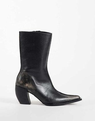 Asos Renzo bottes western en cuir v&eacute;ritable noir vieilli