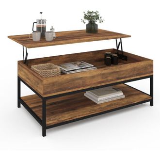 IDMarket Couchtisch mit integraler Hubplatte hawkins und unterem Regal aus dunklem Holz Industriedesign