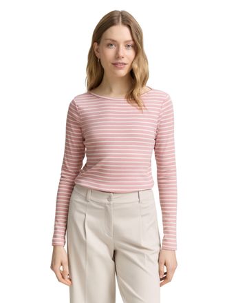 Tom Tailor Damen 1047730 Langarmshirt mit Streifenmuster, 38586-Rose Offwhite Tee Stripe, XXL