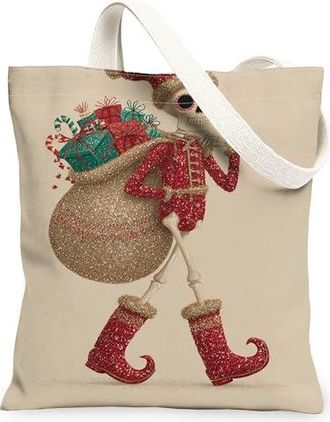 Generic Sacs fourre-tout en toile motif squelette de No&euml;l, sacs d&eacute;picerie r&eacute;utilisables, l&eacute;gers et lavables avec bandouli&egrave;re, beige, 13x15 Inch