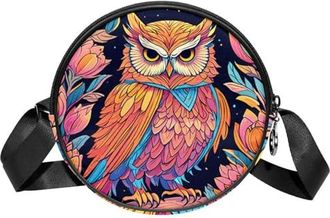 Generic Sac &agrave; bandouli&egrave;re rond pour femme, motif hibou color&eacute; avec fermeture &eacute;clair, bretelles r&eacute;glables, sac &agrave; main rond d&eacute;contract&eacute; pour femmes et filles