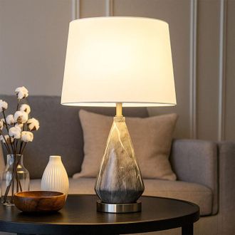 Globo Lighting Lampe de table led Lampe dappoint aspect marbre Lampe de salle &agrave; manger Abat-jour textile blanc, m&eacute;tal nickel, blanc,9W 810lm blanc chaud, DxH 35x54