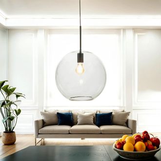 Licht-Erlebnisse Pendelleuchte aus Glas Kabel in Schwarz D:36cm E27 wechselbar f&uuml;r Wohnzimmer Schlafzimmer Flur H&auml;ngelampe Pendellampe Decke Innen