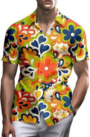 Generic Chemise hawa&iuml;enne pour homme - Chemise n&eacute;on boutonn&eacute;e - Chemise de plage - Chemise hippie des ann&eacute;es 70 - Chemise hawa&iuml;enne &agrave; manches courtes - Bouton