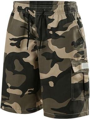 Generic Short cargo pour homme, short d&eacute;t&eacute; d&eacute;contract&eacute; et ample, coupe ample, multi-poches, cordon de serrage, taille &eacute;lastique, camouflage, pantalon de surv&ecirc;