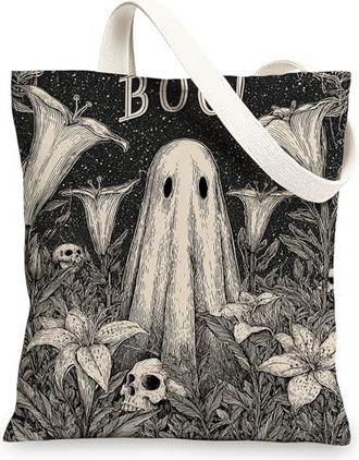 Generic Sacs fourre-tout effrayants en toile, motif fantôme et floral, sacs de courses réutilisables, vintage, artistiques, légers et lavables, sacs en toile 