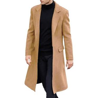 Generic Manteau long d&eacute;contract&eacute; &agrave; col crant&eacute; pour homme, coupe ajust&eacute;e, long manteau thermique &agrave; simple boutonnage, kaki, XXL