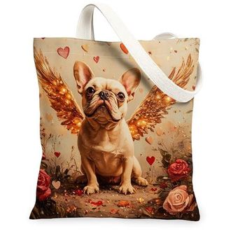 Generic Sac fourre-tout en toile avec motif bouledogue fran&ccedil;ais pour le shopping, 33 x 38 cm, sac d&eacute;picerie r&eacute;utilisable pour la Saint-Valentin, sac d&eacute;picerie