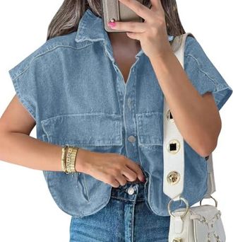 ORANDESIGNE Blouson en Jean Dété Pour Femme Boutonné à Manches Courtes Col Rabattu Veste en Jean Courte Denim avec Poches D Bleu Clair XL