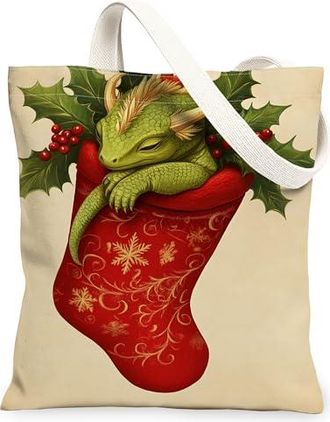 Generic Sacs fourre-tout en toile motif dragon de No&euml;l, sacs r&eacute;utilisables, festifs, l&eacute;gers et lavables avec bandouli&egrave;re 33 x 38 cm