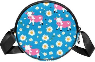 Generic Sac &agrave; bandouli&egrave;re rond pour femme, motif vaches, marguerites, petit sac &agrave; bandouli&egrave;re avec fermeture &eacute;clair, bretelles r&eacute;glables, sac &agrave; main rond d&eacute;co