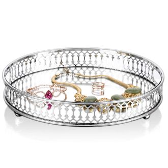 Nuptio Make-up-Tablett, Glas, Spiegel, 25 cm Durchmesser, silberfarben, dekoratives Tablett, rund, Kerzentablett, Schmucktablett, Organizer, Aufbewahrung, Sp