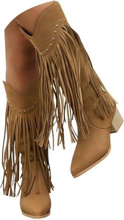 Generic Bottes de cowboy &agrave; franges pour femme, 2025 &agrave; bout pointu et pompons, bottines r&eacute;tro &agrave; franges &agrave; rivets &agrave; enfiler larges, mi-mollet, bottes d&eacute;quitatio