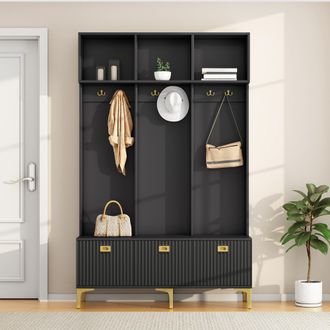 Generic Garderobenset Schwarz Hochglanz 120 cm Breit Flurgarderobe Gro&szlig; Rillenoptik mit Sitzbank & Goldene Haken Kompaktgarderobe Modern Schuhschrank Hall Tre