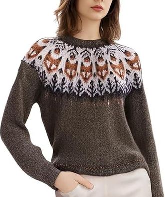Generic Fair Isle Pull Fair Isle pour femme, manches longues, imprimé vintage islandais, rétro, doux, chaud, décontracté, élégant, automne, hiver, vacances, c