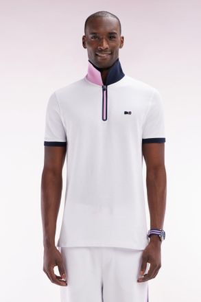 Eden Park Polo Zipp&eacute; &Agrave; Manches Courtes En Coton Stretch Blanc Coupe Ajust&eacute;e