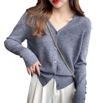 Generic Pull dhiver d&eacute;contract&eacute; &agrave; col en V pour femme - Haut tendance cor&eacute;en &agrave; manches longues - Solide et basique, Gris, taille unique