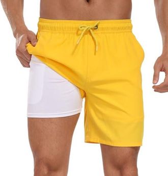 Generic Maillot de bain 2 en 1 pour homme avec doublure de compression - Respirant - S&eacute;chage rapide - Short de bain d&eacute;contract&eacute; - Short de bain court avec sli