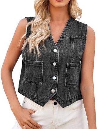Generic Vestes d&eacute;contract&eacute;es pour femme 2026 avec col en V et poche en jean et boutons pour l&eacute;t&eacute; pour un usage quotidien, gris, XL
