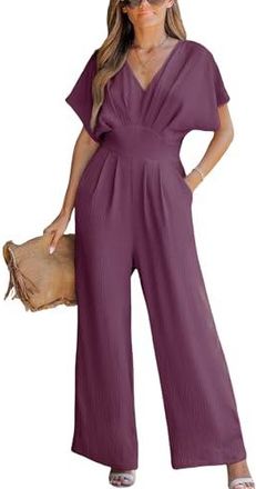 Cupshe Combinaison dété pour femme avec col en V, manches courtes chauve-souris et jambes évasées, tenue décontractée pour les vacances, violet, XL