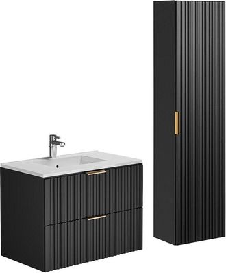 Vente-Unique Vente-unique - Meuble de salle de bain suspendu stri&eacute; avec vasque &agrave; encastrer et colonne - Noir - 80 cm - zevara