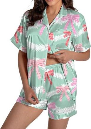 Generic Ensemble short à manches courtes en satin imprimé graphique pour femme, bleu clair, S