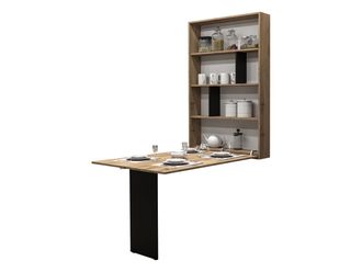 Mirjan24 Wandtisch Albi, Wandklapptisch mit 2 Regalen, V-Tisch, Esstisch, Tisch ideal für Esszimmer, Küche, Klapptisch, Bartisch (Wotan Eiche/Schwarz)