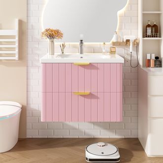 Generic Waschtisch mit Waschbecken Rosa 47.5 cm Badm&ouml;bel Set H&auml;ngend f&uuml;r G&auml;ste WC & Kleines Bad Badezimmerschrank Wandmontage Keramik Goldene Griffe Pflegelei