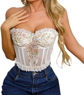 Generic Corset Femme Bustier, Soutien-Gorge Bustier Sexy En Dentelle Brod&eacute;e, Sans Bretelles, Avec Un Dos Pur Et S&eacute;duisant, Et Un Haut Boutonn&eacute; Ajust&eacute;