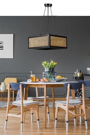 Opviq Elegant FIR Wood Chandelier with Natural Rattan Cap, Adjustable Height 70 cm, 41 cm Diameter, E27 Socket, Stylish Black & Rattan Design for Modern Spa